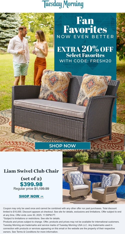 20% off favorites at Tuesday Morning via promo code FRESH20 # ...
