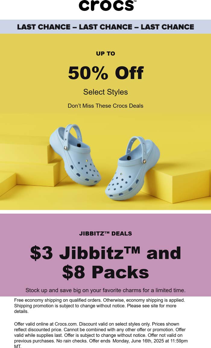 Various styles are 50% off at Crocs #crocs - The Coupons App®