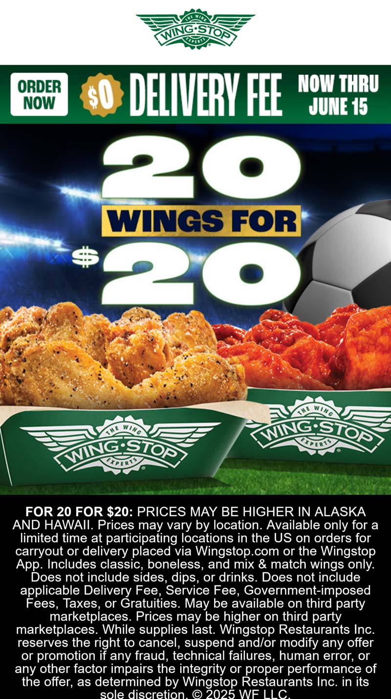 20 chicken wings = $20 at Wing Stop #wingstop - The Coupons App®