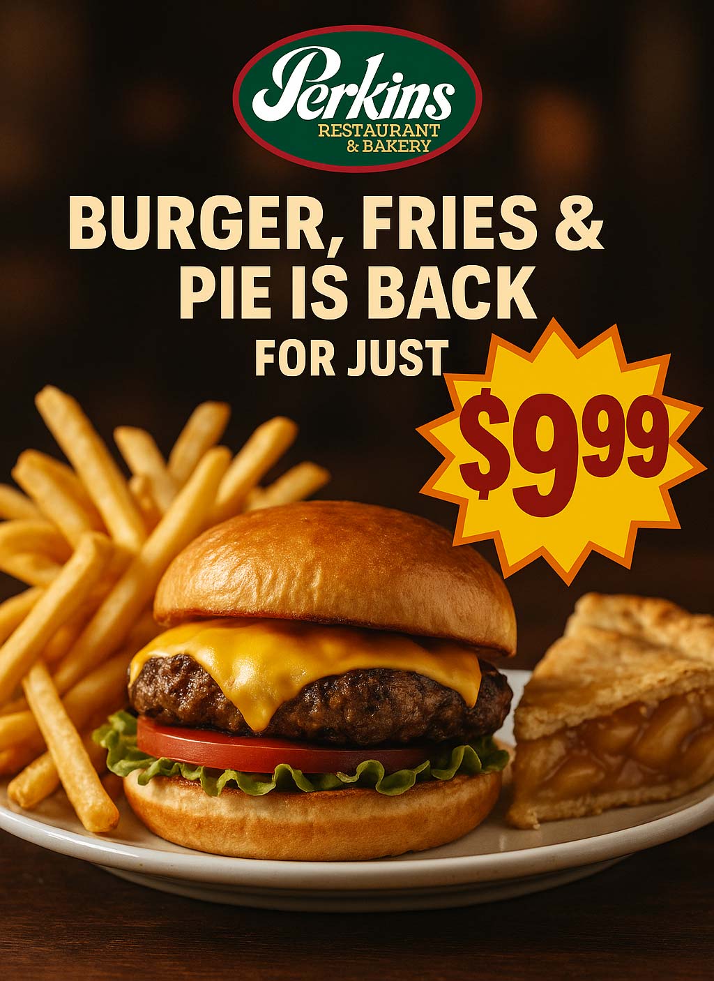 Cheeseburger + fries + pie = $10 at Perkins #perkins - The Coupons App®