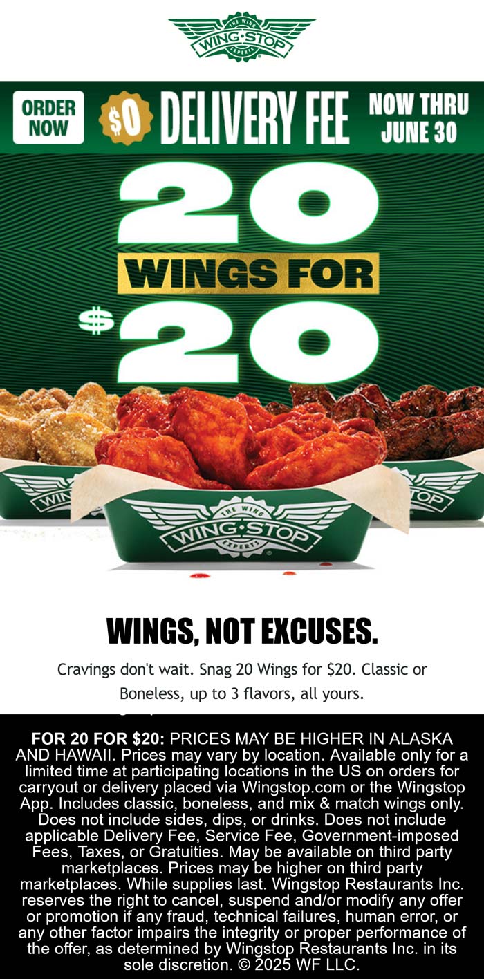 20 chicken wings = $20 at Wing Stop #wingstop - The Coupons App®