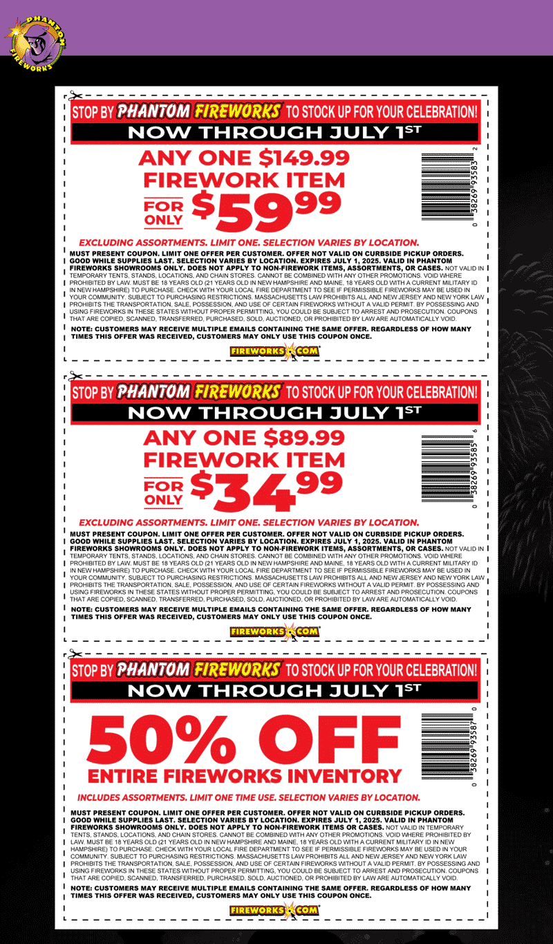 Various deals for Phantom Fireworks #phantomfireworks - The Coupons App®