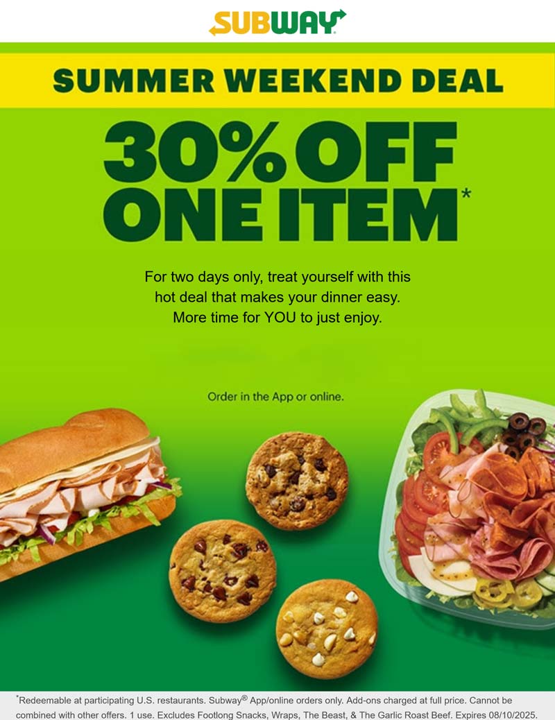 30% off a sub sandwich online at Subway #subway - The Coupons App®