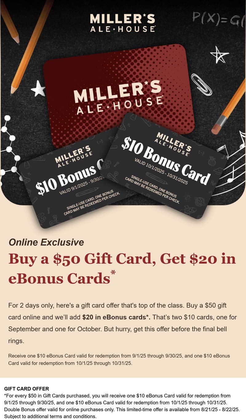 $20 in cards free on your $50 card at Millers Ale House restaurants # ...