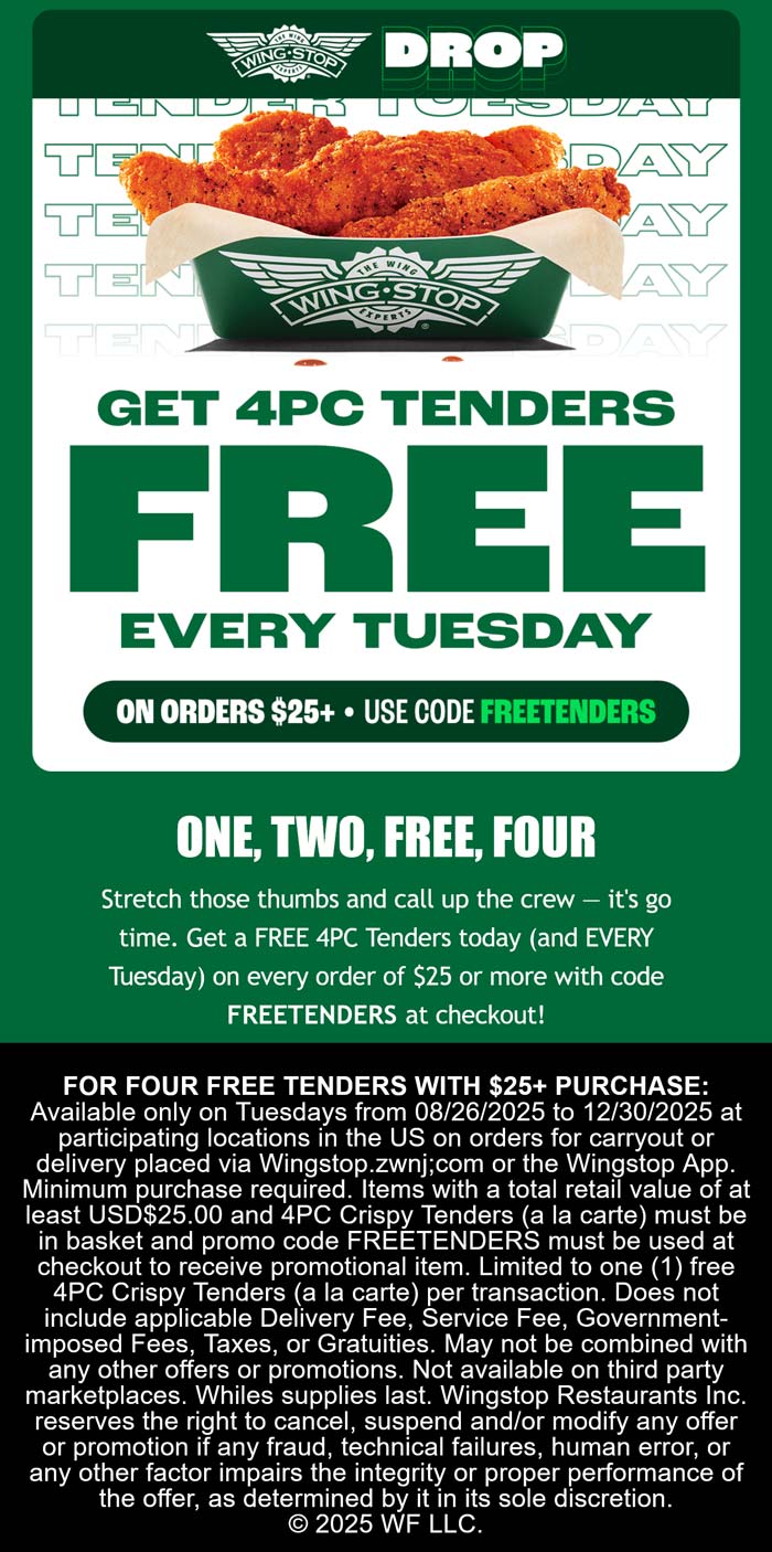 20 chicken wings = $20 at Wing Stop #wingstop - The Coupons App®