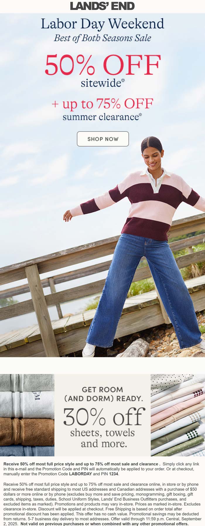 50% off everything at Lands End via promo LABORDAY and PIN 1234 # ...