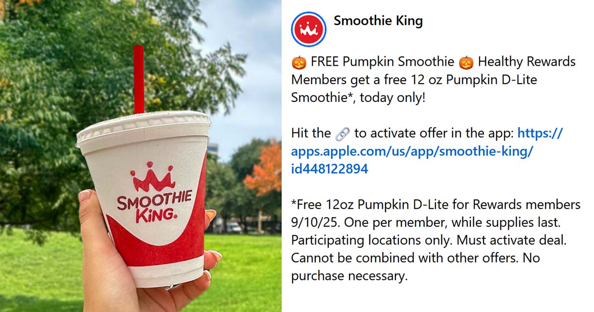 Free pumpkin smoothie today at Smoothie King, no purchase necessary # ...
