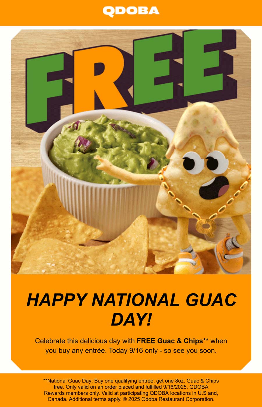 Free guac & chips with your entree today at Qdoba #qdoba - The Coupons App®