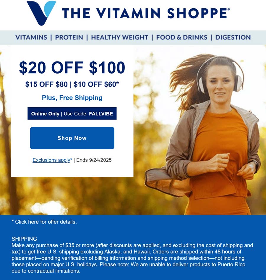 $10-$20 off $60+ at The Vitamin Shoppe via promo code FALLVIBE # ...