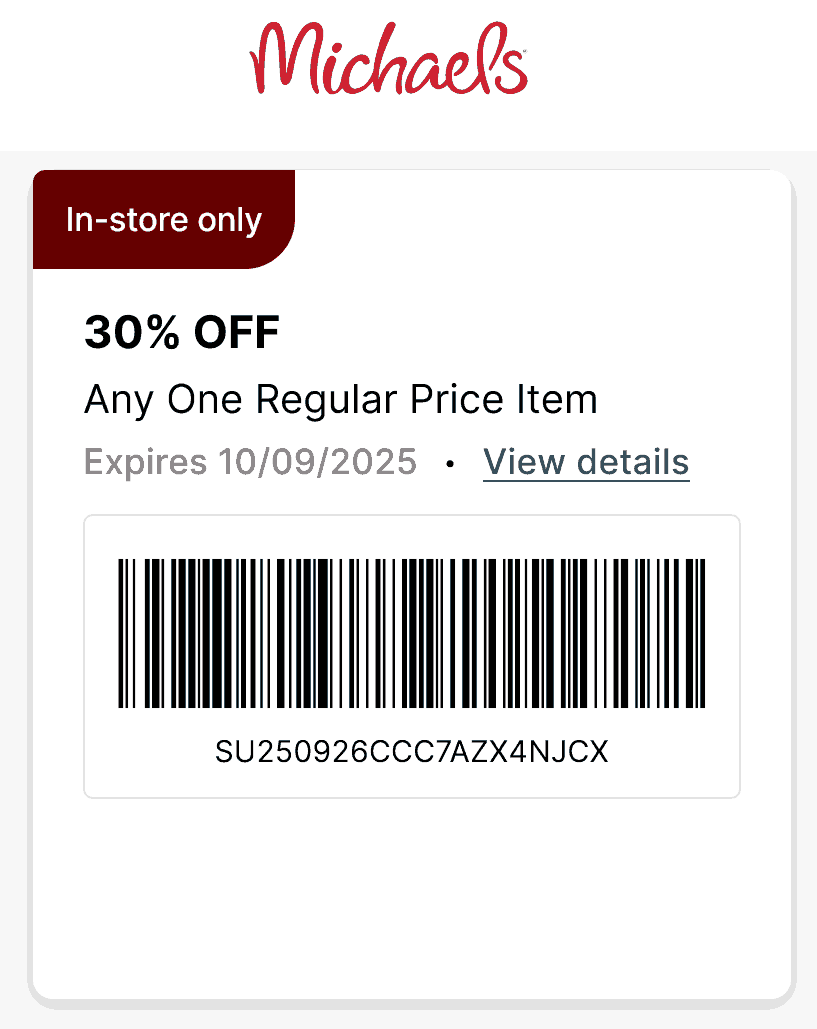 30% off a single item at Michaels, or 40% everything online via promo ...