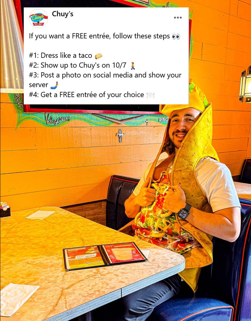 Free entree dressed like a taco Tues at Chuys #chuys - The Coupons App®
