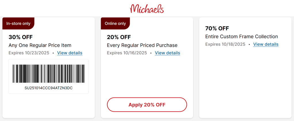 30% off a single item at Michaels, or 40% everything online via promo ...