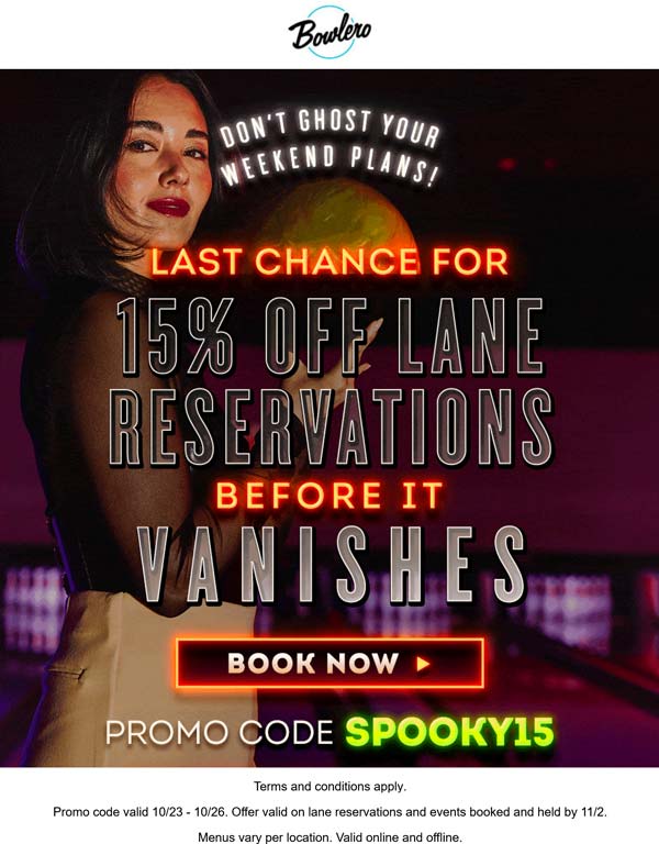 15% off bowling lane reservations this weekend at Bowlero via promo ...