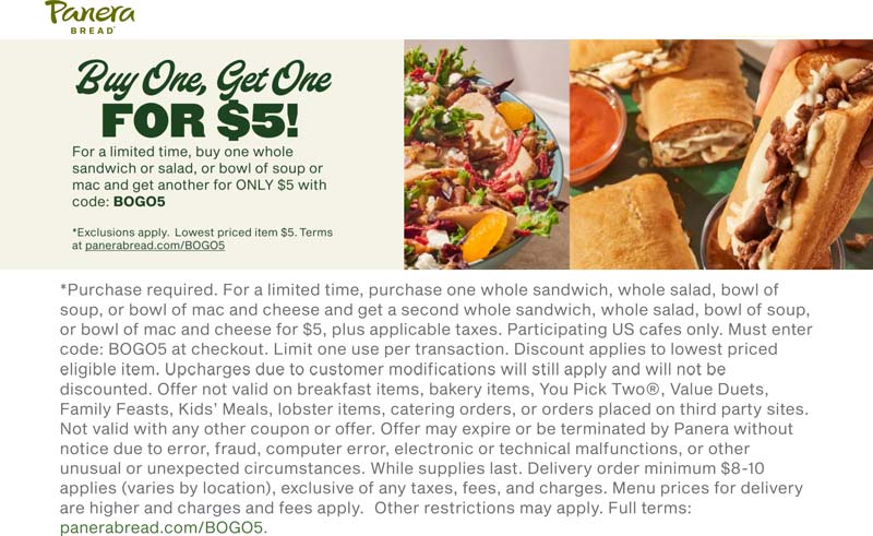 Second entree $5 at Panera Bread via promo code BOGO5 #panerabread ...