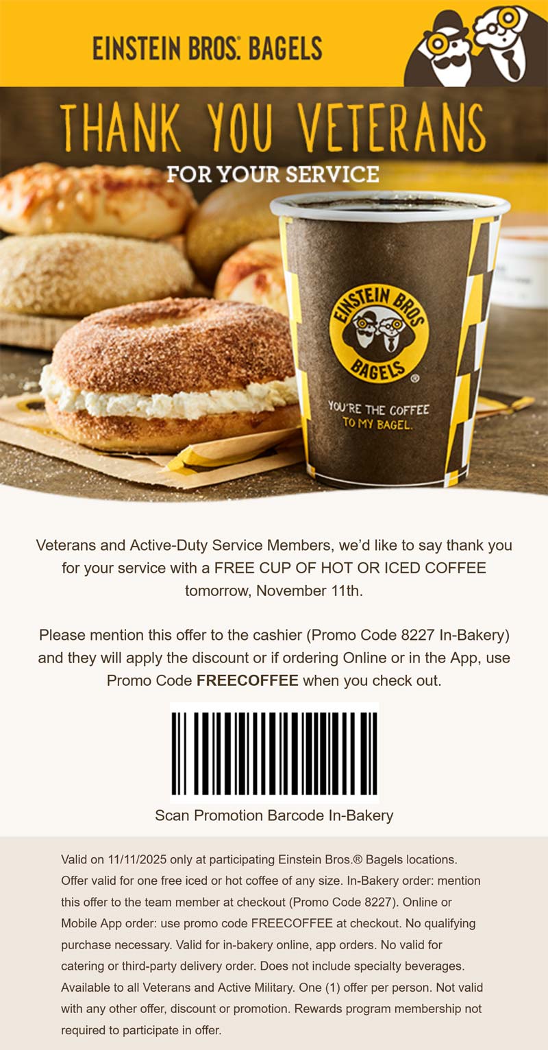 Free coffee for veterans today at Einstein Bros Bagels, or online via ...