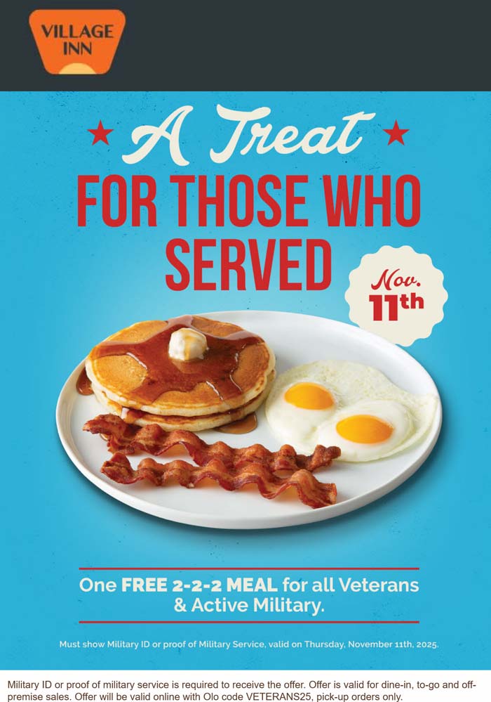 Free breakfast meal for veterans & active at Village Inn, or online via ...