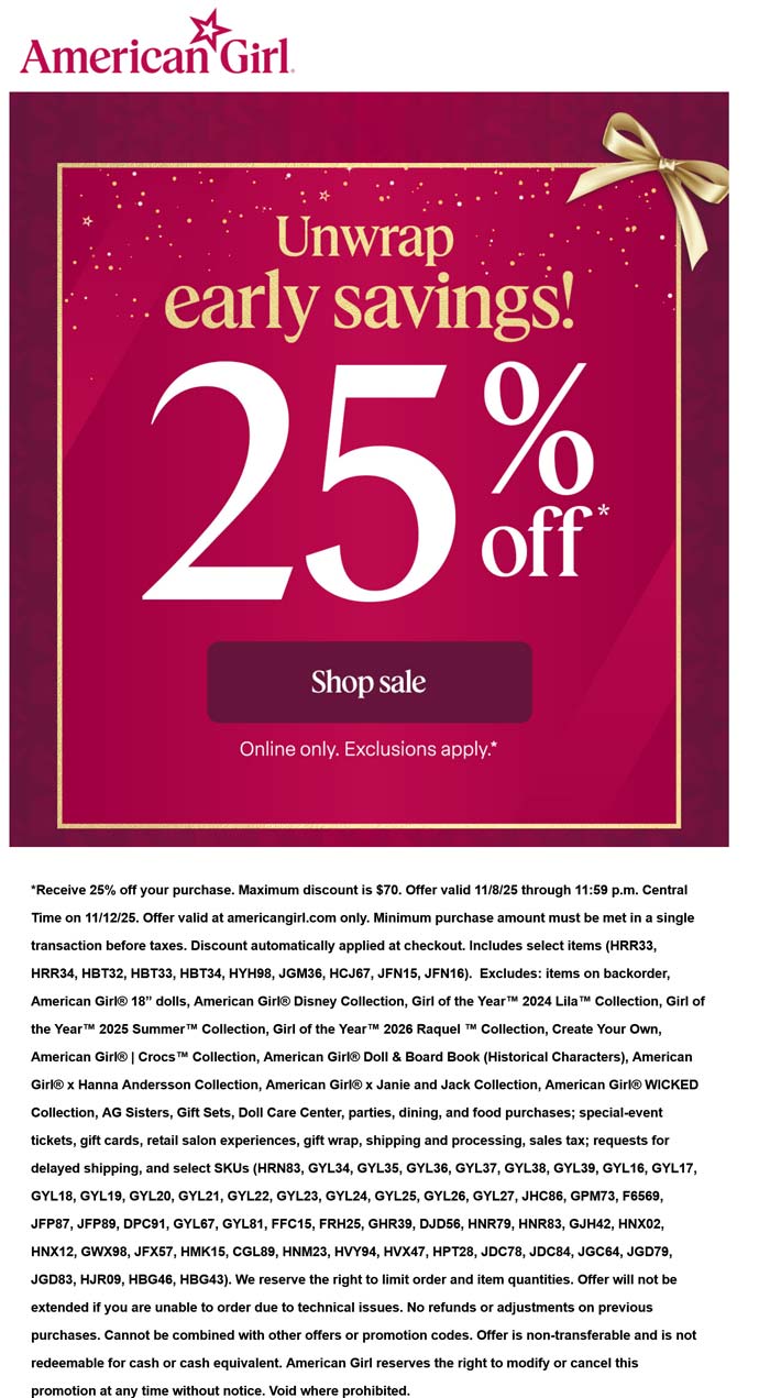 25% off today at American Girl doll #americangirl - The Coupons App®