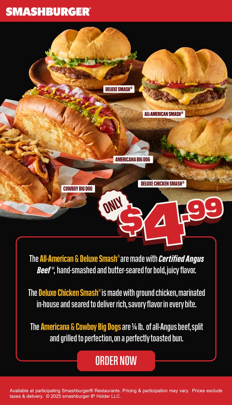 Deluxe cheeseburger, chicken or QP hot dog = $5 at Smashburger # ...