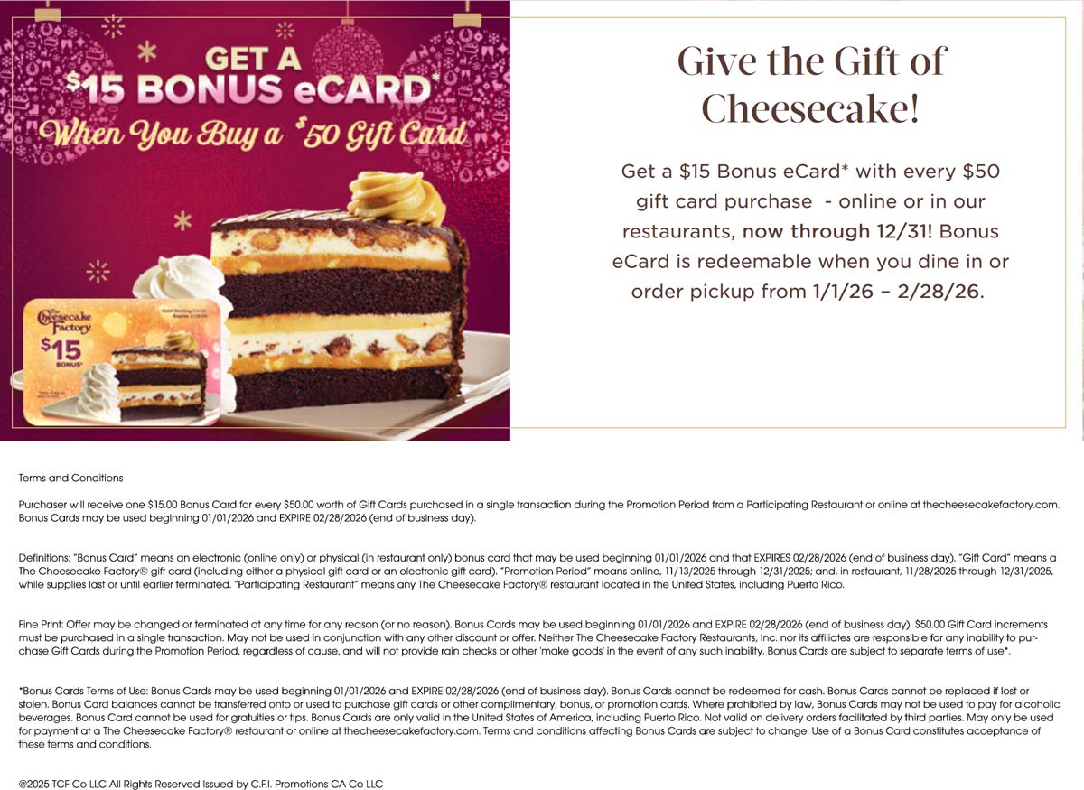 $15 card free on $50 card at The Cheesecake Factory restaurants # ...