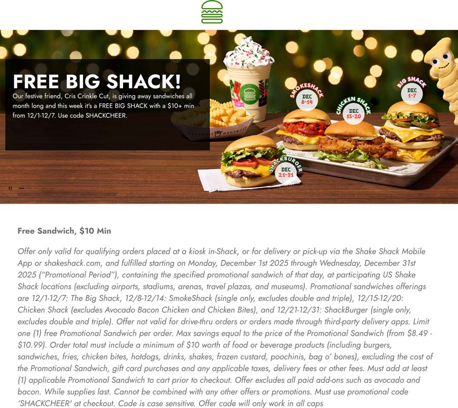Free big shack cheeseburger on $10 at Shake Shack via promo code ...