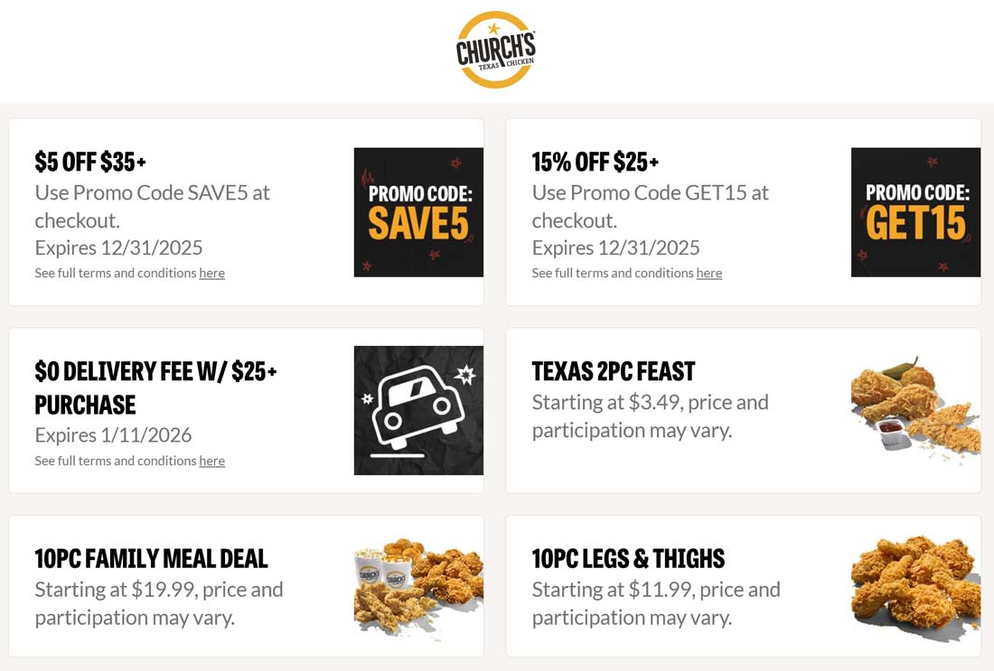 $5 off $35 & more at Churchs Chicken via promo code SAVE5 # ...