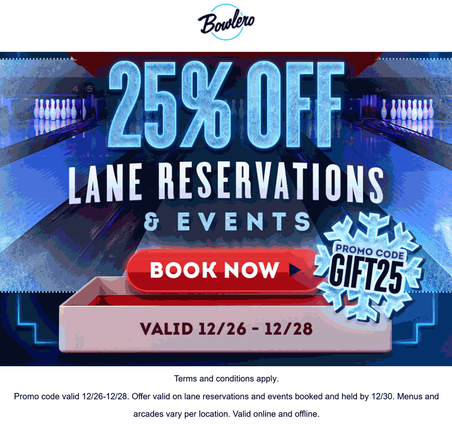 25% off lane reservations at Bowlero via promo code GIFT25 #bowlero ...