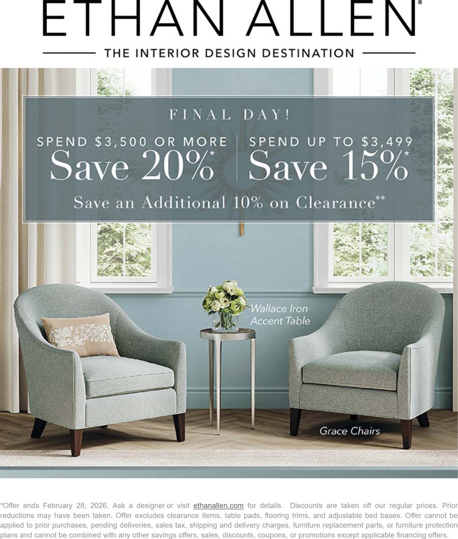 15-20% off furniture today at Ethan Allen #ethanallen - The Coupons App®