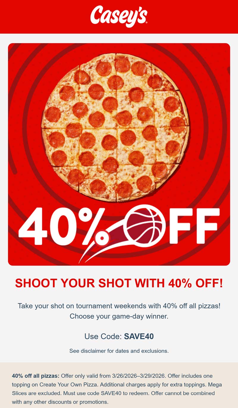 $3.14 medium & more with your large pizza today at Caseys via promo ...
