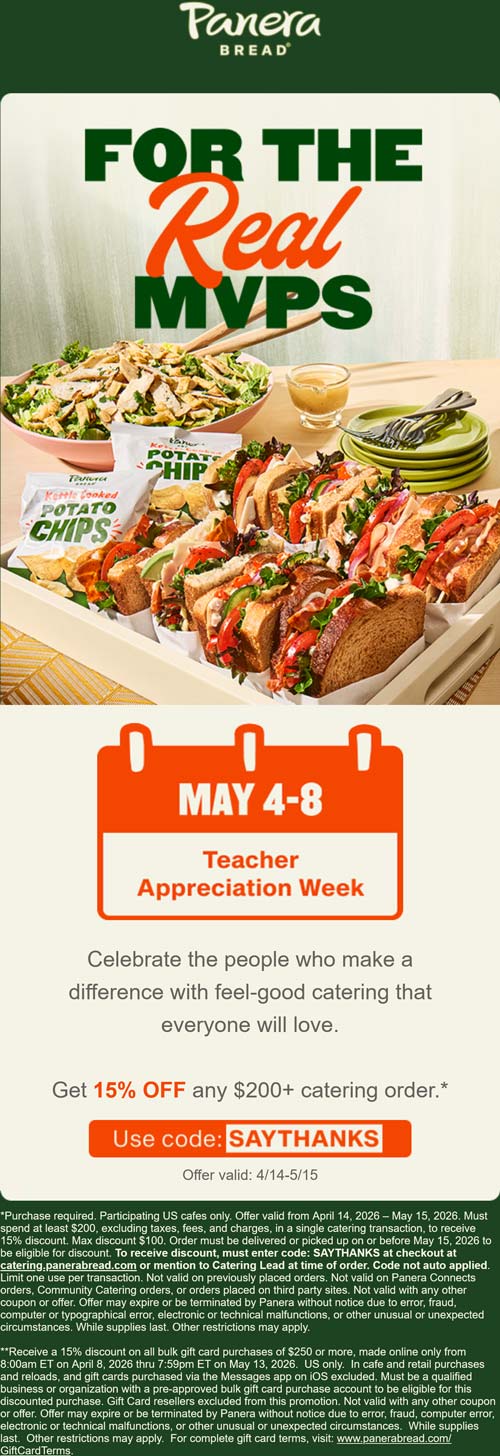 15% off $200 at Panera Bread restaurants via promo code SAYTHANKS # ...