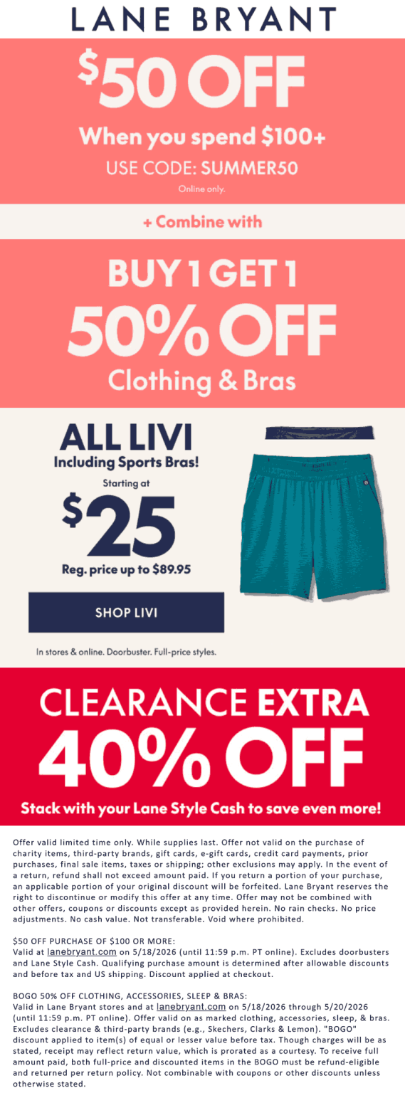 $40 off $100 + second item 50% off online today at Lane Bryant # ...